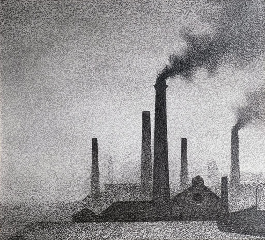 Trevor Grimshaw Mill Chimneys 1971 Original Drawing for Sale